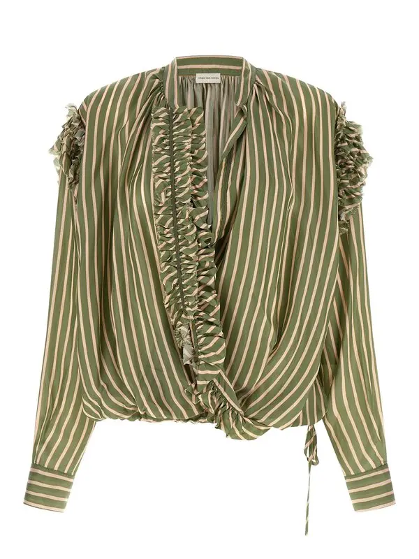 Dries Van Noten Cenever Bis" Striped Cupro Shirt With Ruffle Detail - Green