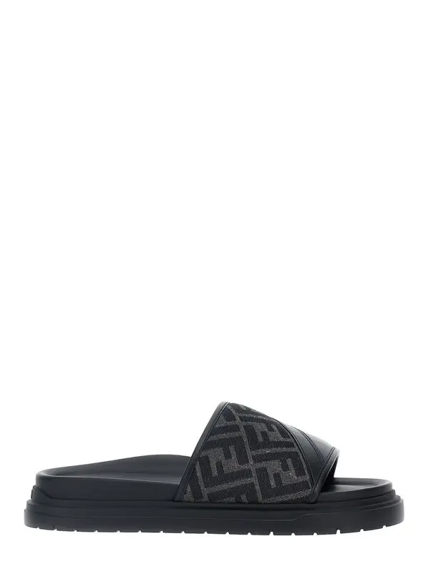 Fendi Diagonal Ff Jacquard And Leather Slides - Black