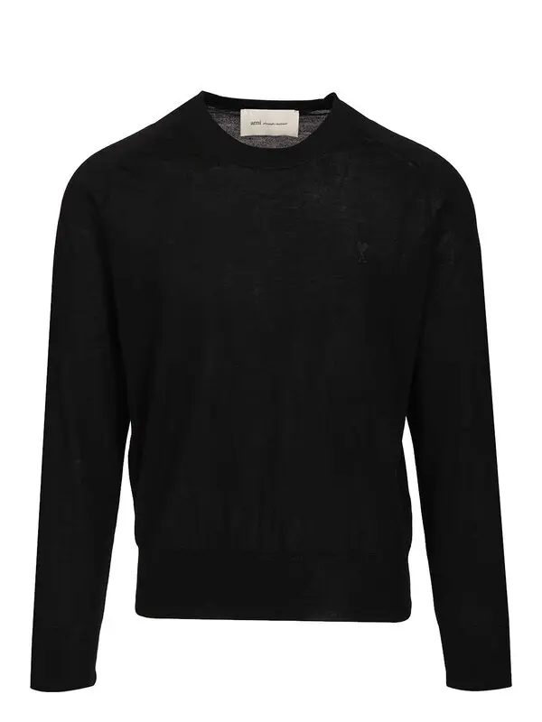 Ami Crewneck Sweater With Embroidered De Coeur In Extrafine Merino Wool - Black