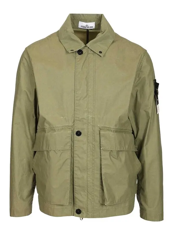 Stone Island Waxed Cotton Coach Jacket With Stand Collar - Green