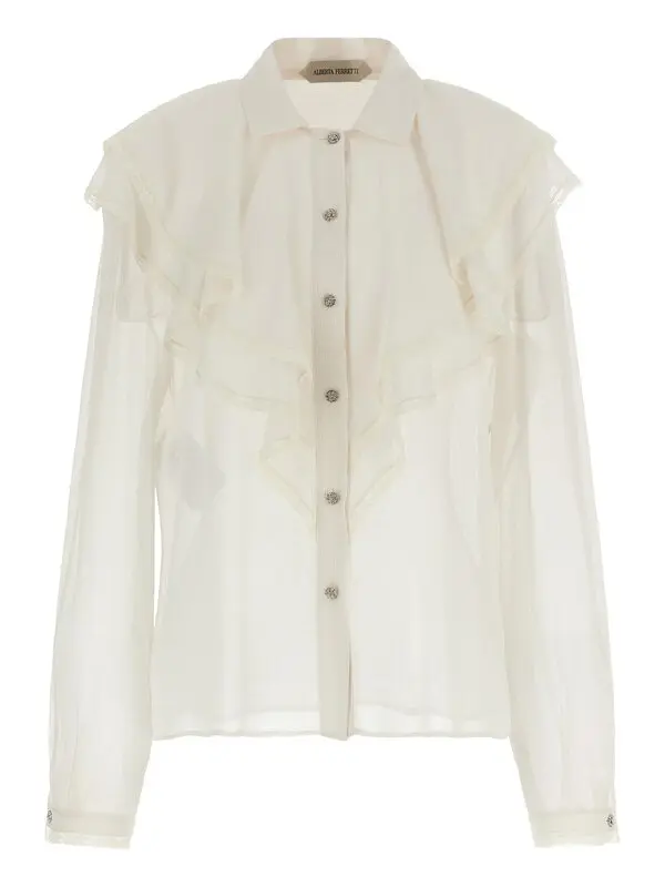 Alberta Ferretti Semi-transparent Silk Crêponne Shirt With Lace Flounces - Cream