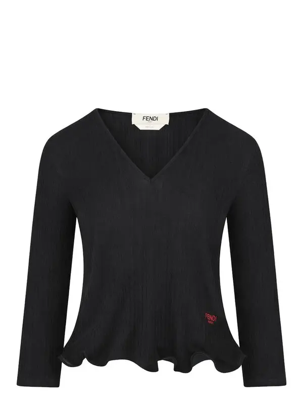 Fendi Ribbed V-neck Top With Ruffle Hem - Black