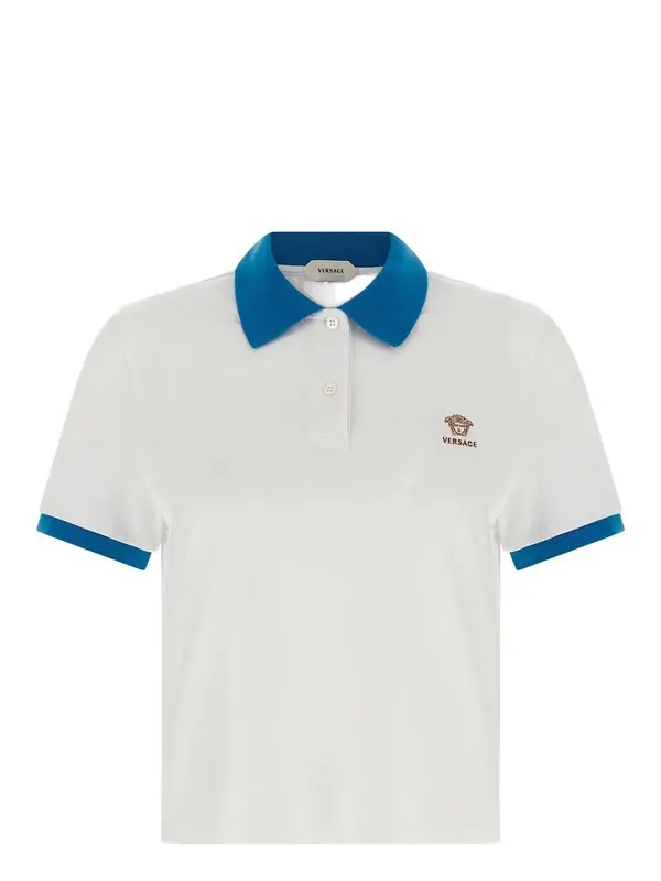 Versace Medusa Embroidered Cotton Piquet Polo Shirt - Blue