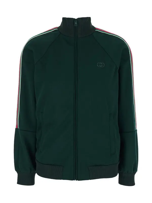 Gucci Green High Neck Tech Fabric Sweatshirt With Gg Embroidery And Web Motif - Multicolor