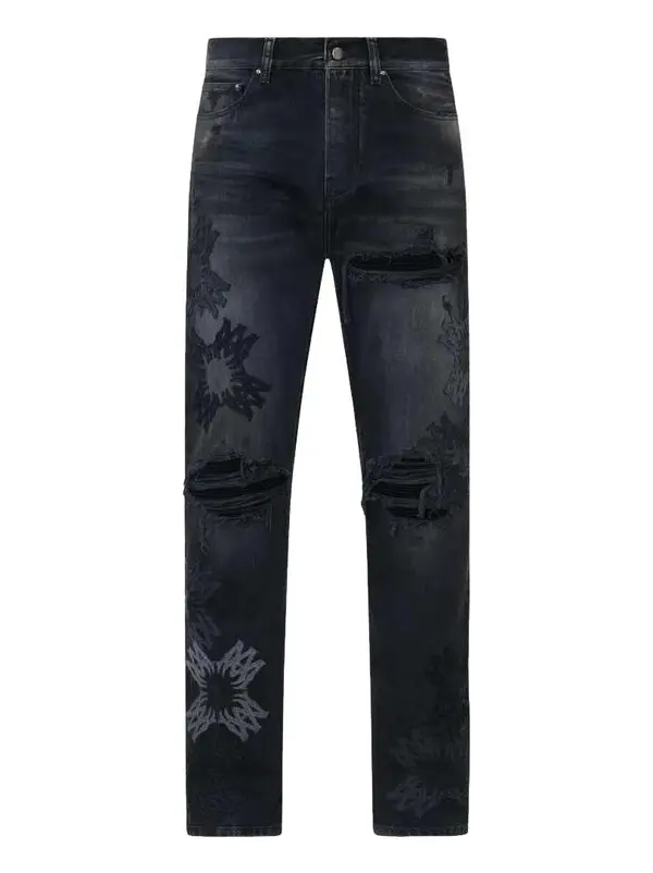 Amiri Distressed Floral Straight Leg Jeans - Black