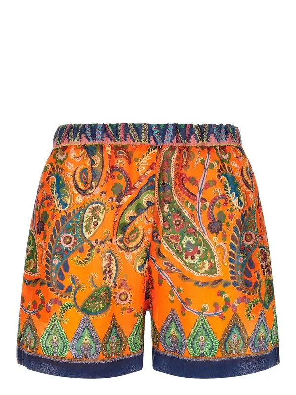 Etro Ramie Paisley Print Wide Leg Shorts - Orange