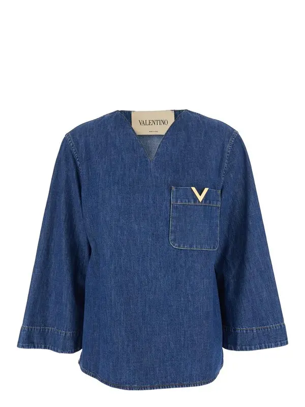 Valentino Garavani V-neck Cotton Blouse With Vlogo Plaque - Multicolor