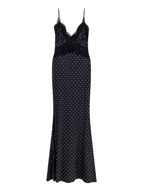 SELF-PORTRAIT Polka Dot Lace Trimmed Satin Maxi Dress - Multicolor