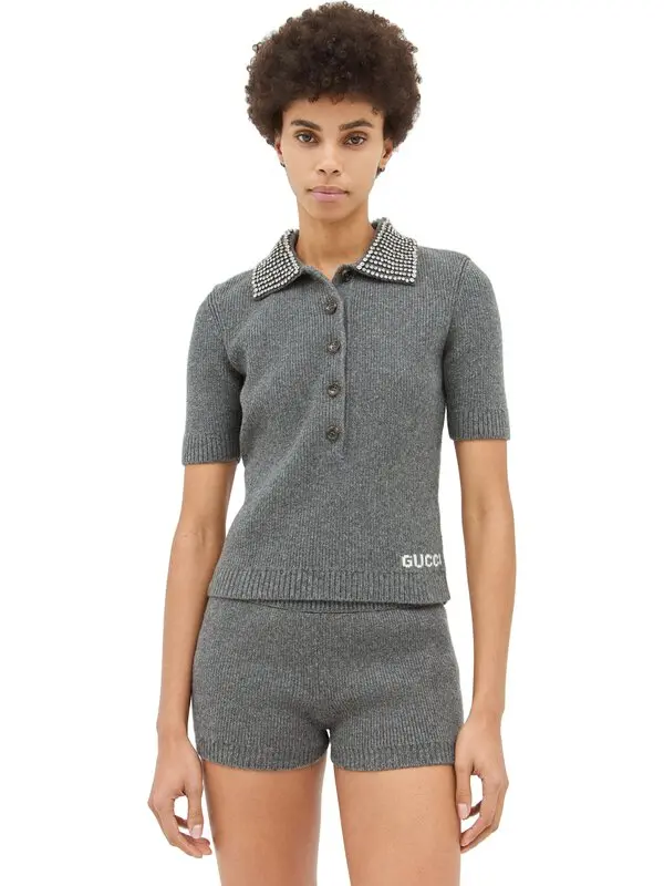 Gucci Rib Wool Polo Shirt With Crystal-embellished Collar - Gray