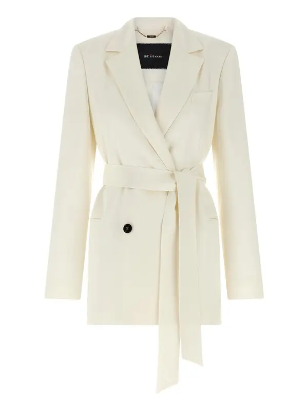 Kiton Double-breasted Silk Blazer With Knotted Belt - White