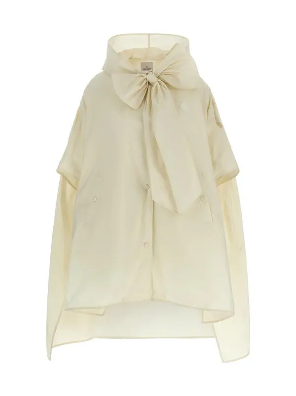 Moncler Taffeta Cape With Removable Hood And Bow Detail - Cream