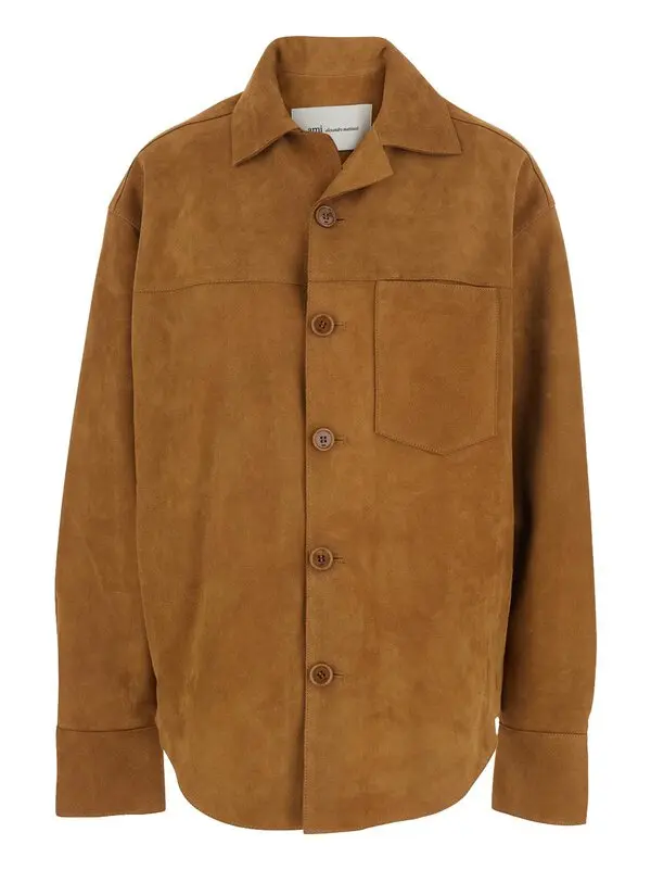 Ami Suede Jacket With Wide Collar And Curved Hem - Multicolor