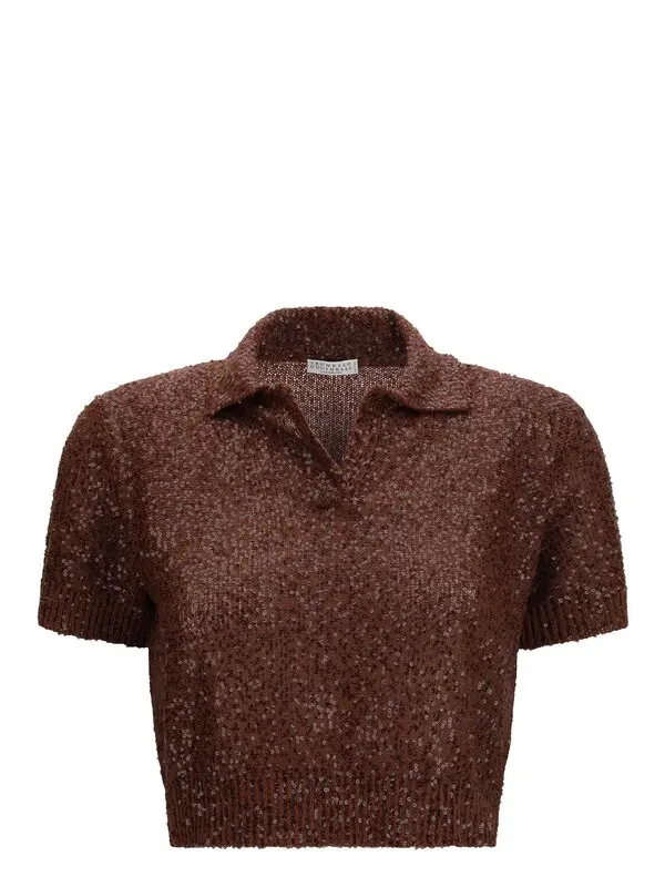 Brunello Cucinelli Sequined Linen, Cashmere And Silk Polo Top - Multicolor