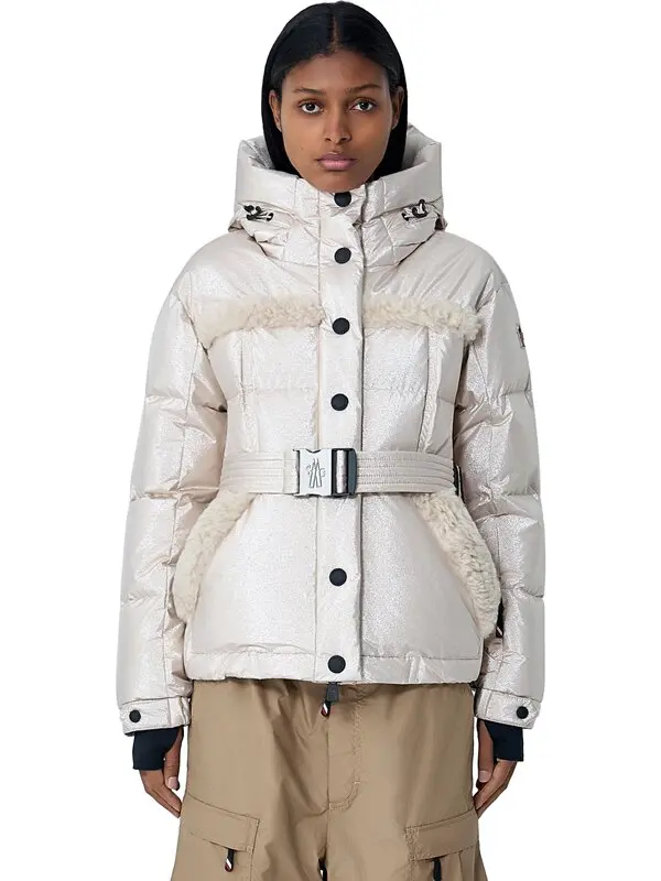 Moncler Belted Down Jacket With Faux Fur Trim - Cream
