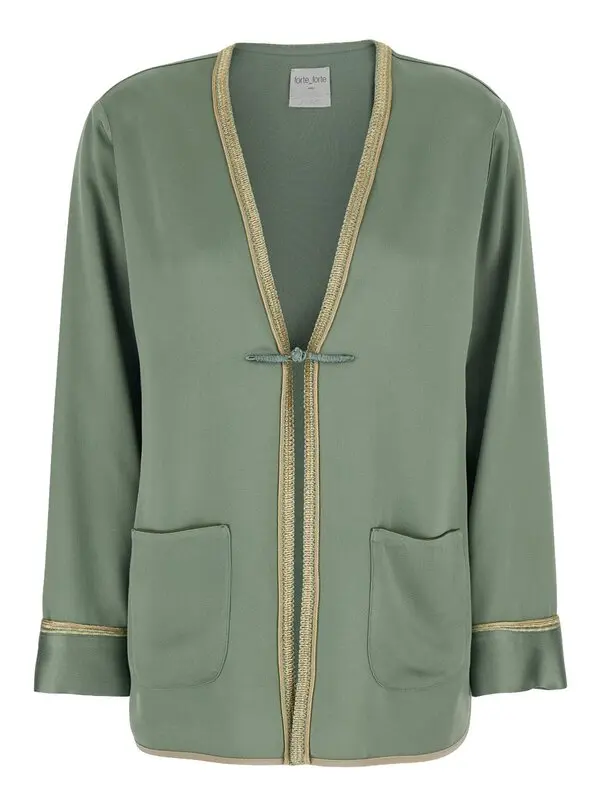 FORTE_FORTE Viscose Blend Jacket With Hook Closure And Contrast Finishes - Green