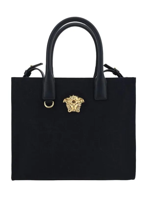 Versace Cotton Shoulder Bag With Embossed Monogram And Medusa Applique - Black