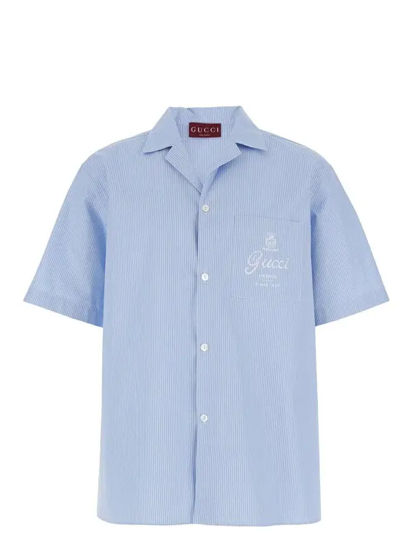 Gucci Light Bowling Shirt With Logo Embroidery On The Front And All-over Stripe Motif In For - Blue