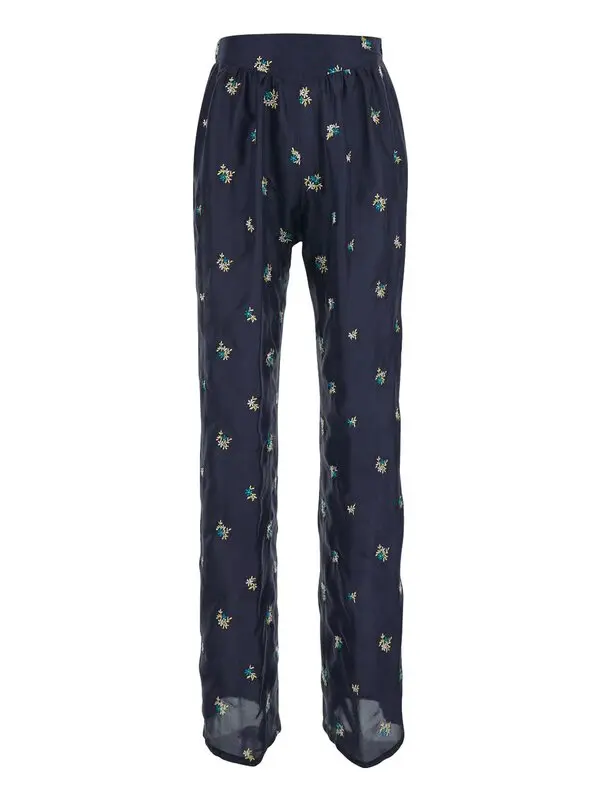 FORTE_FORTE Blue Silk Flared Pants With Floral Embroidery - Multicolor