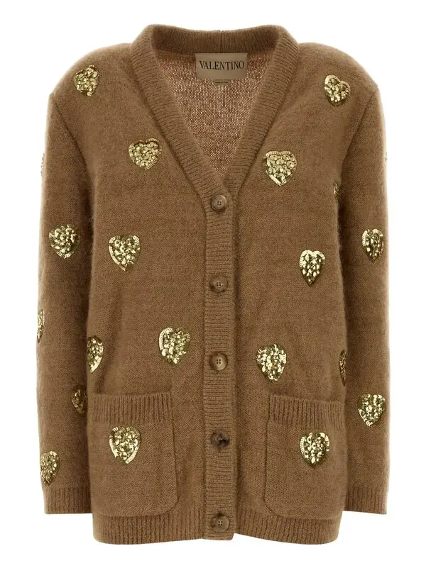 Valentino Garavani Camel Mohair Blend Oversize Cardigan With Heart Embellishments - Brown