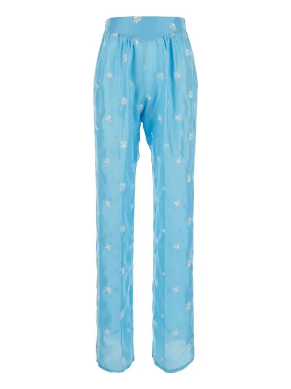FORTE_FORTE Petite Fleurs Embroidery Silk Flared Pants - Blue
