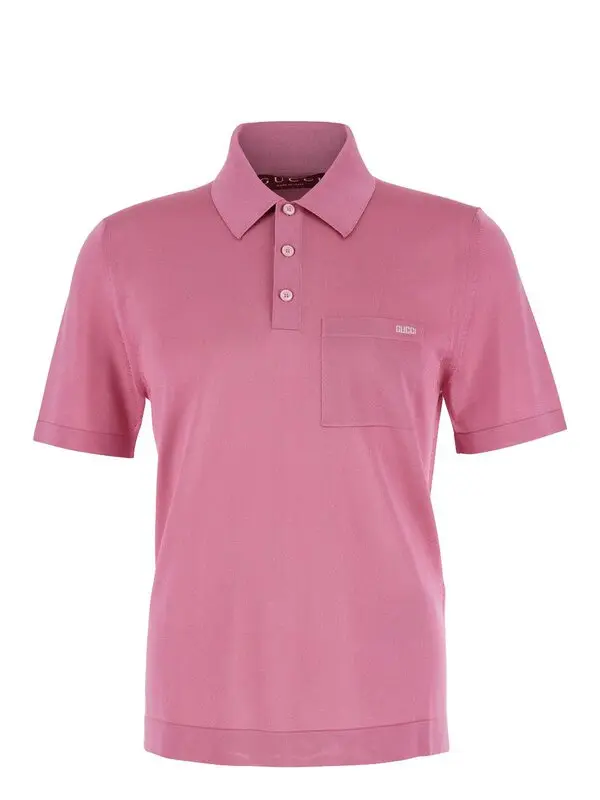 Gucci Pink Polo Shirt With Chest Pocket And Embroidered Logo On The Front In Fine Silk Knit - Multicolor