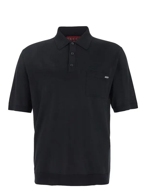 Gucci Black Polo Shirt With Chest Pocket And Embroidered Logo On The Front In Fine Silk Knit - Multicolor