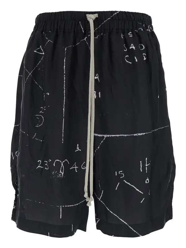 Rick Owens Black High-waisted Viscose And Cupro Shorts With Graphic Print - Multicolor