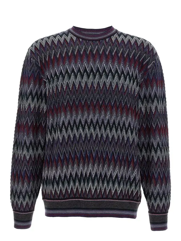 Missoni Zigzag Pattern Wool Crew Neck Long Sleeve Sweater - Blue