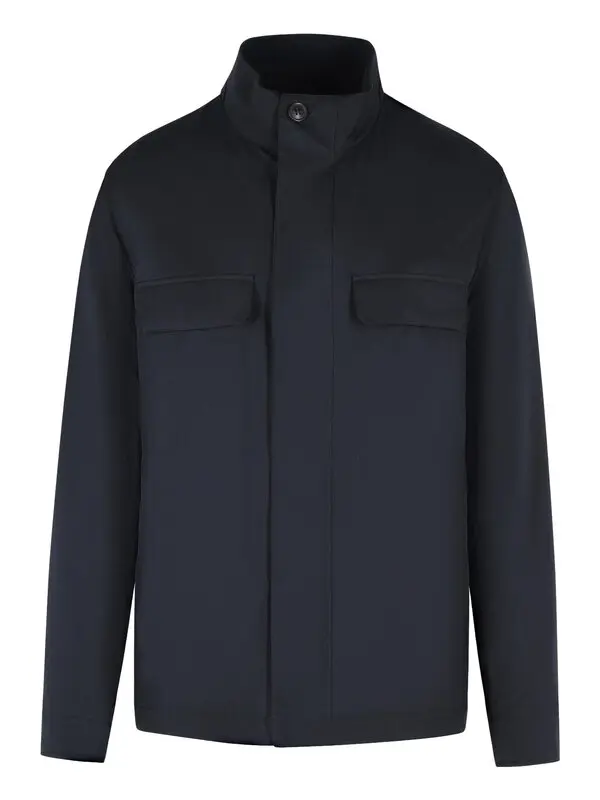 Zegna Polyester Jacket With Stand Collar And Patch Pockets - Blue
