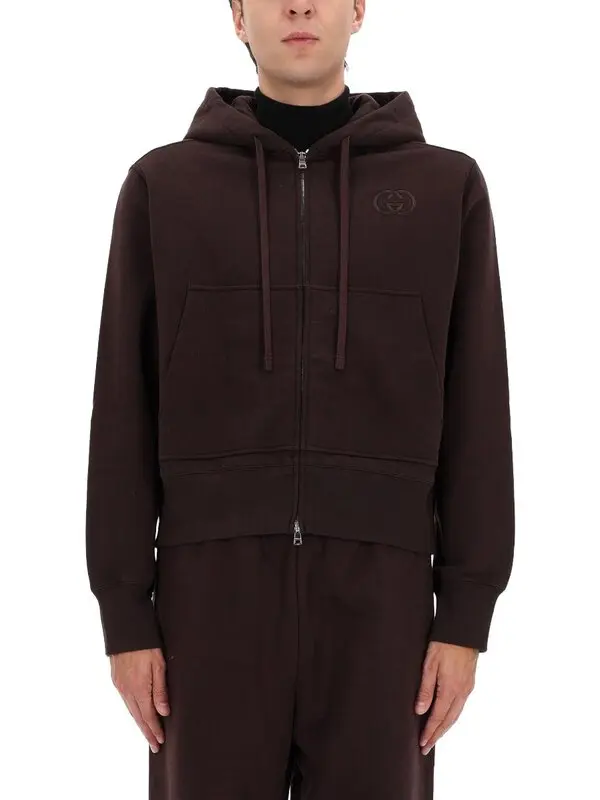 Gucci Embroidered Logo Zip-up Hoodie - Brown