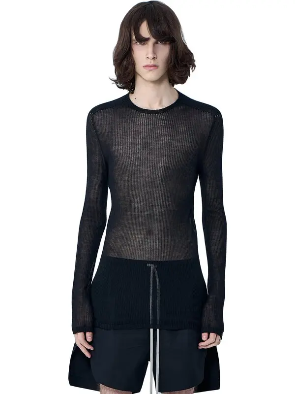 Rick Owens Sheer Knit Long Sleeve Crewneck Top - Black
