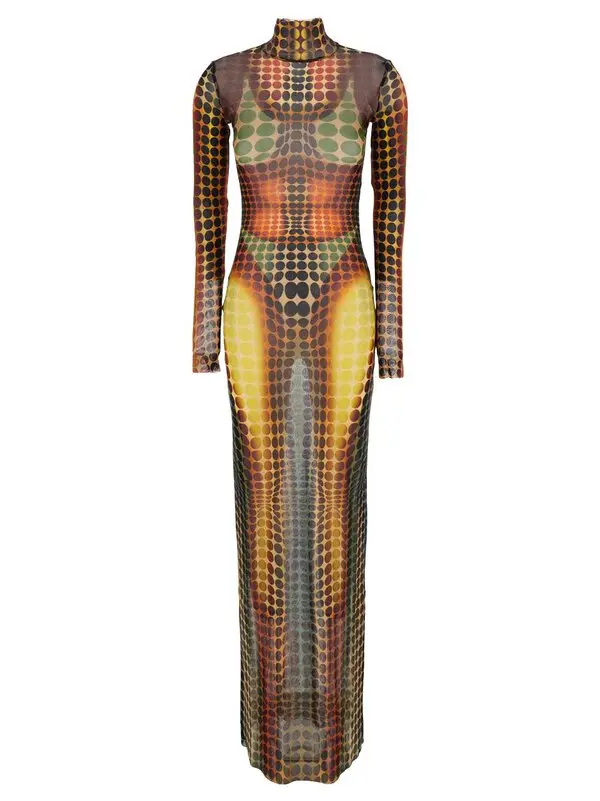 JEAN PAUL GAULTIER Long Sleeve High Collar Printed Tech Fabric Dress - Multicolor