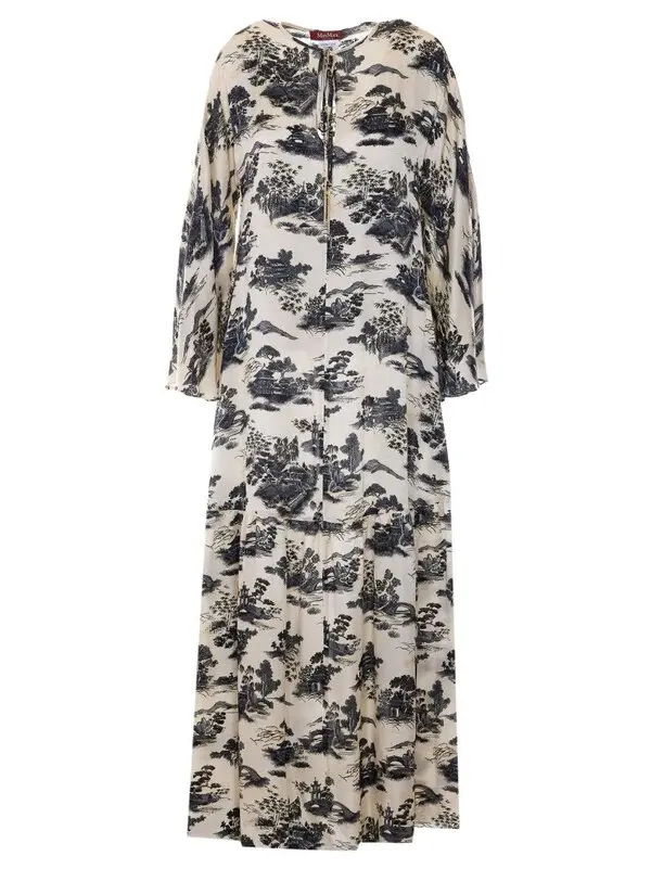 Max Mara Alga Silk Printed Long Sleeve Maxi Dress - Black