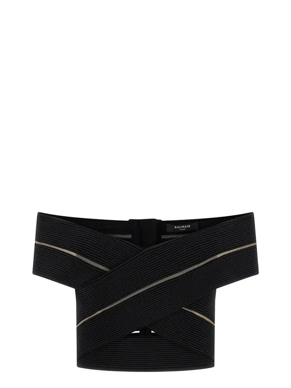 Balmain Off-the-shoulder Stretch Viscose Top With Mesh Inserts - Black