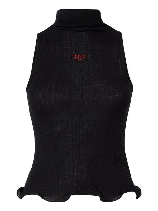 Fendi Ribbed Virgin Wool Turtleneck Sleeveless Top - Black