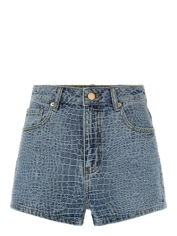 SELF-PORTRAIT Rhinestone Croc-effect Denim Shorts - Blue
