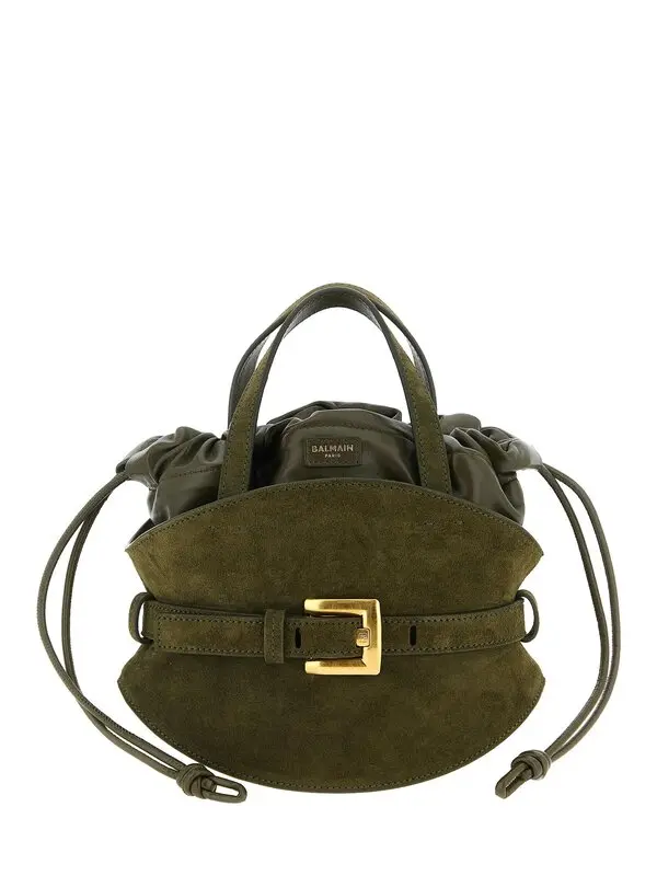Balmain Mini Suede And Leather Handbag With Anthem Buckle - Green