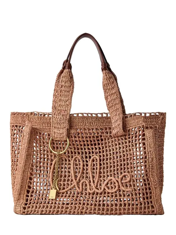 Chloé Woven Raffia Tote Bag With Logo Detail - Cream