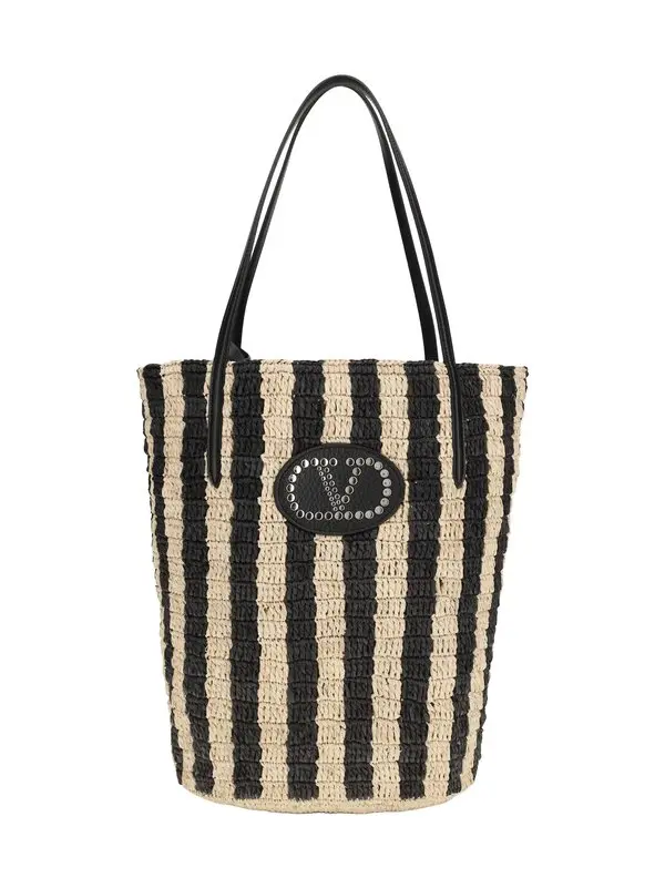 Valentino Garavani Striped Raffia Bucket Bag - Black