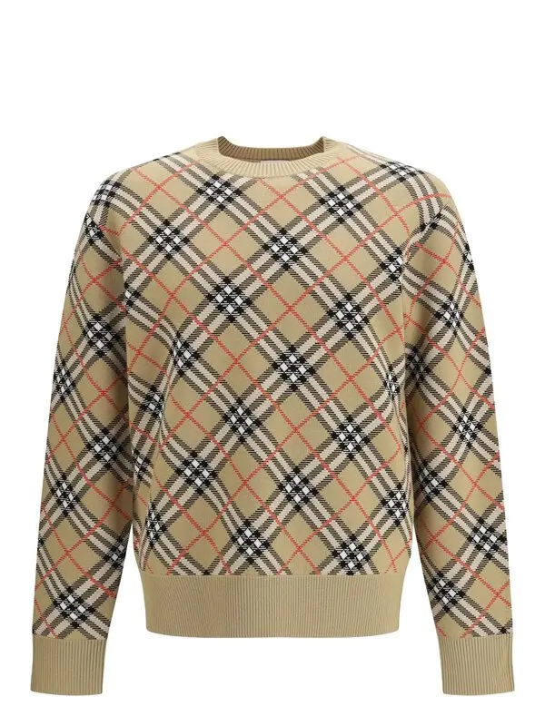 Burberry Wool Checkered Crew Neck Sweater - Cream