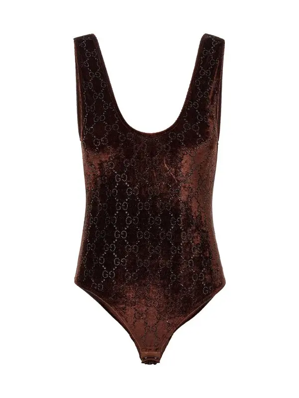 Gucci Velvet Rhinestone Gg Bodysuit - Brown