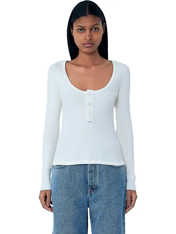 Chloé Ribbed Long Sleeve Henley T-shirt - White