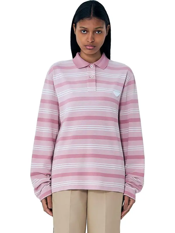 Prada Striped Long Sleeve Piqué Polo Shirt - Gray