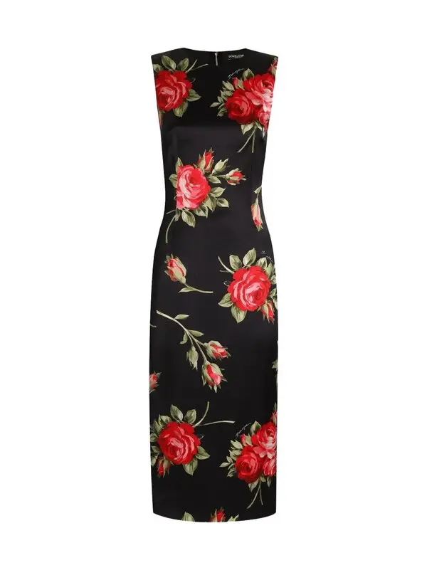 Dolce & Gabbana Rose Bouquet-print Satin Sheath Dress - Black