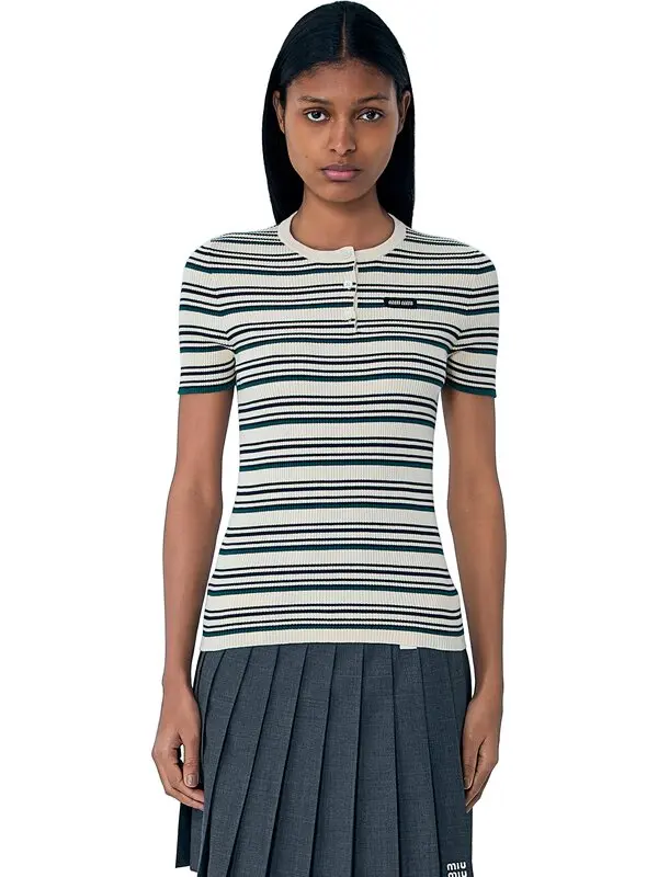 Miu Miu Striped Ribbed Knit T-shirt - Cream