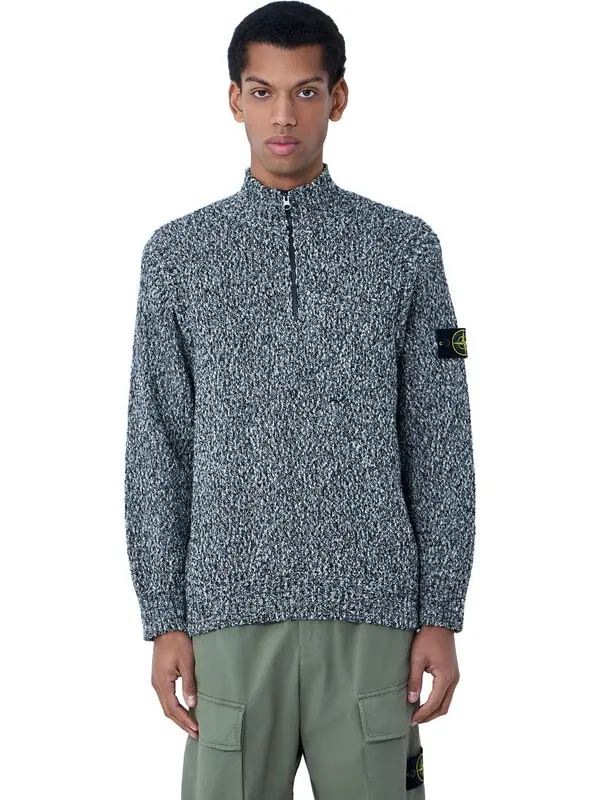 Stone Island Textured Wool Blend Half-zip Sweater With Logo Patch - Black