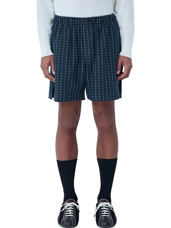 WALES BONNER Checked Linen Tailored Shorts - Blue