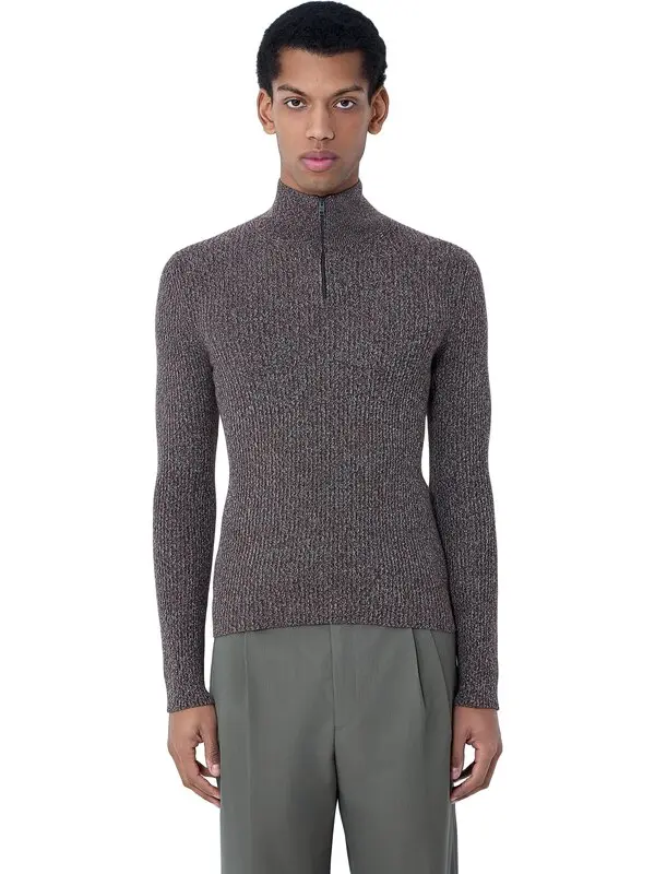 Prada High Neck Zip Sweater In Textured Cotton - Brown