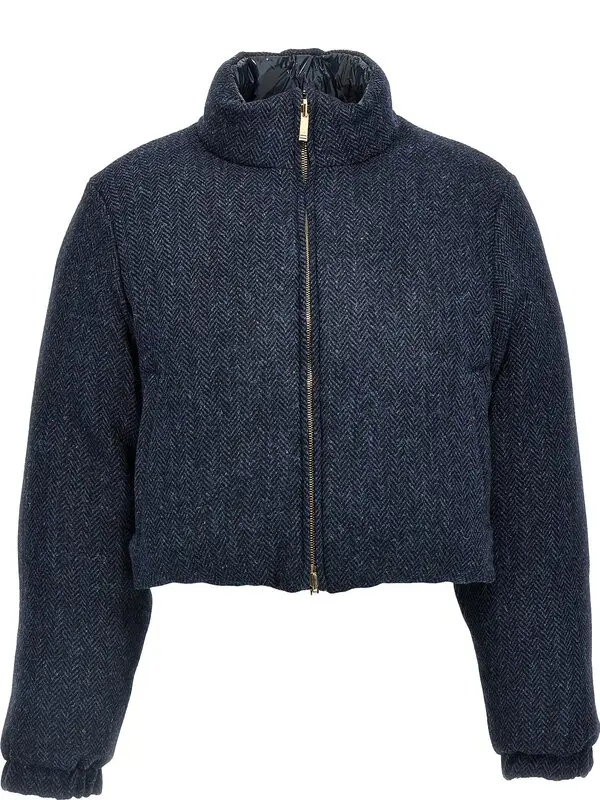 Thom Browne Reversible Down Jacket In Herringbone Harris Tweed And Glossy Nylon - Blue