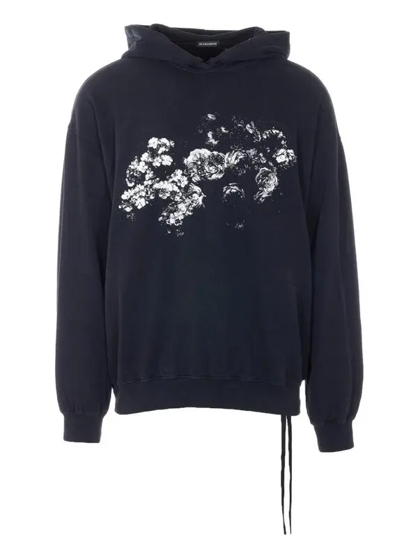ANN DEMEULEMEESTER Floral Print Cotton Hoodie - Black